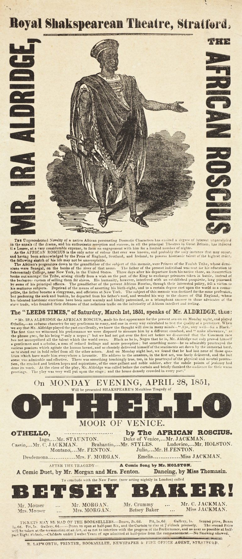 1851 Ira Aldridge Comes To Stratford